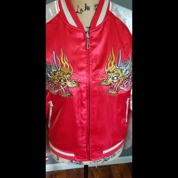 Vintage | Jackets & Coats | Vintage Red Cream Dragon Bomber By Baba ...